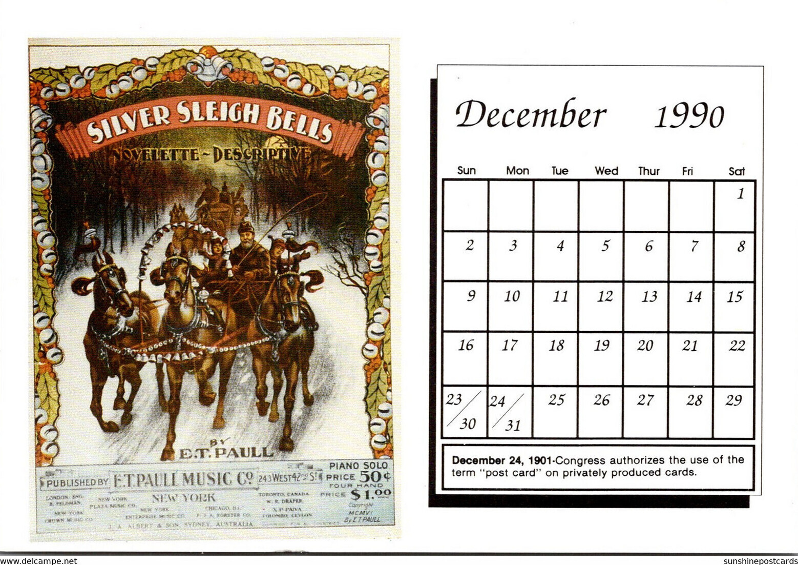 1990 Sheet Music Calendar Series December Silver Sleigh Bells ...