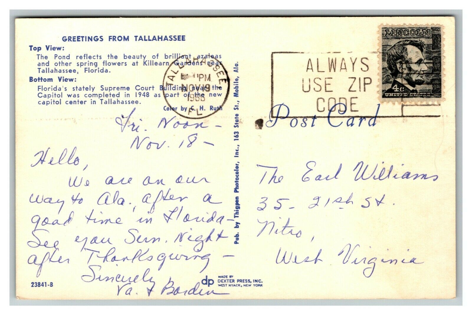 Vintage 1966 Postcard Greetings From Tallahassee Florida - State ...