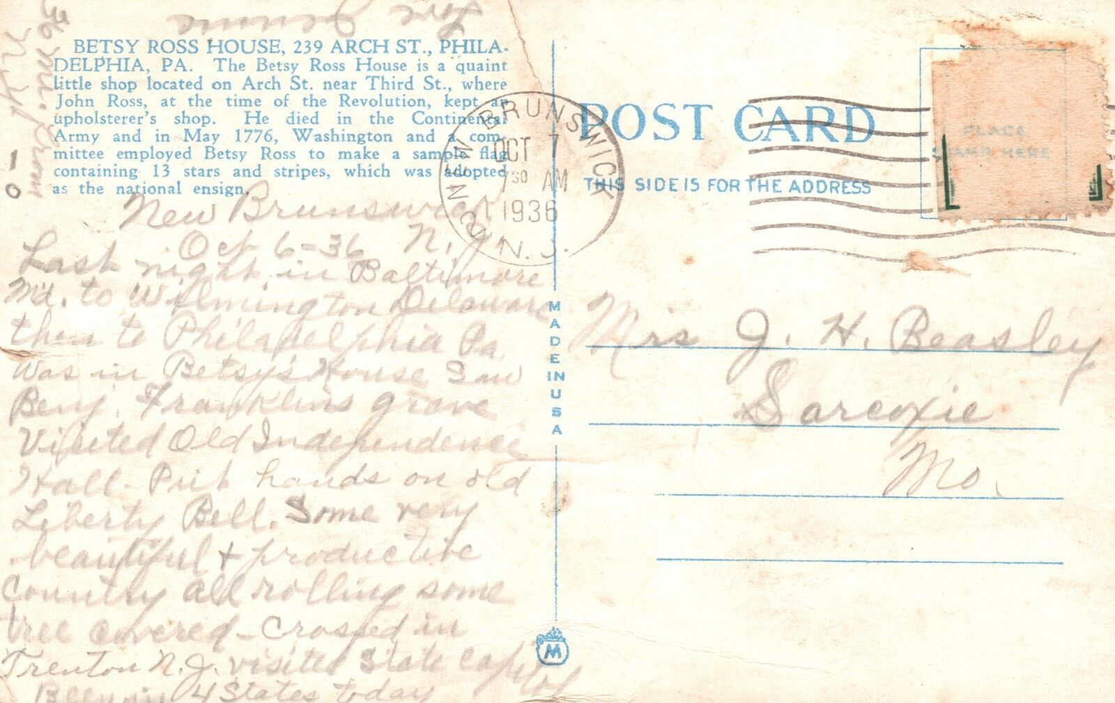 Vintage Postcard 1936 Betsy Ross House Arch St. Philadelphia ...