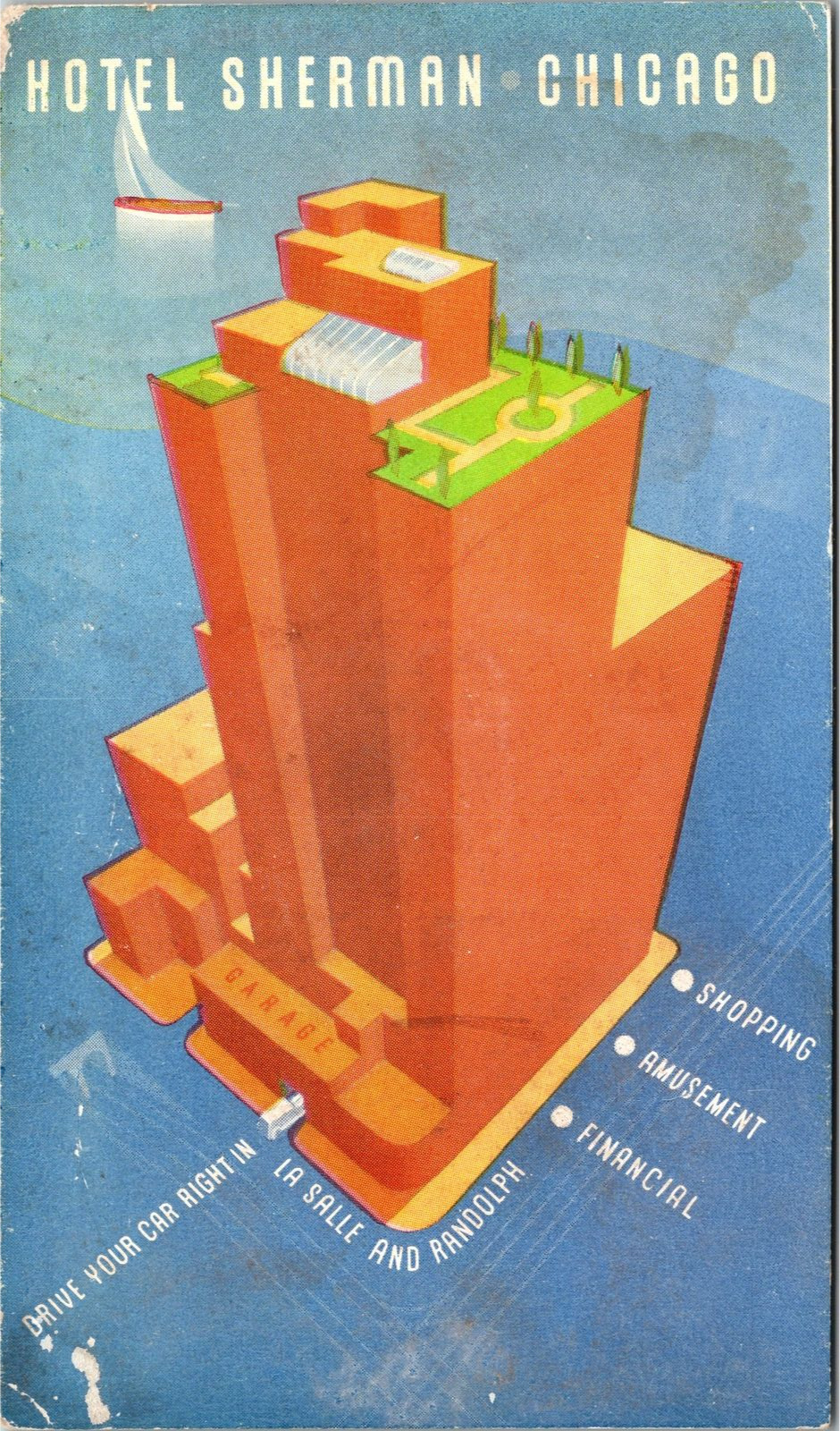 Vintage Postcard Hotel Sherman Chicago Illinois ART Deco MAP (Type II ...