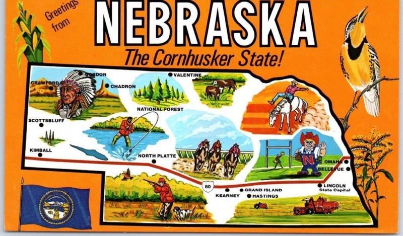 NEBRASKA State Map Postcard Big Letter Cornhusker State Chrome c1960s ...