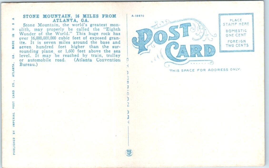 Postcard - Stone Mountain, Largest Solid Stone In The World - Stone ...
