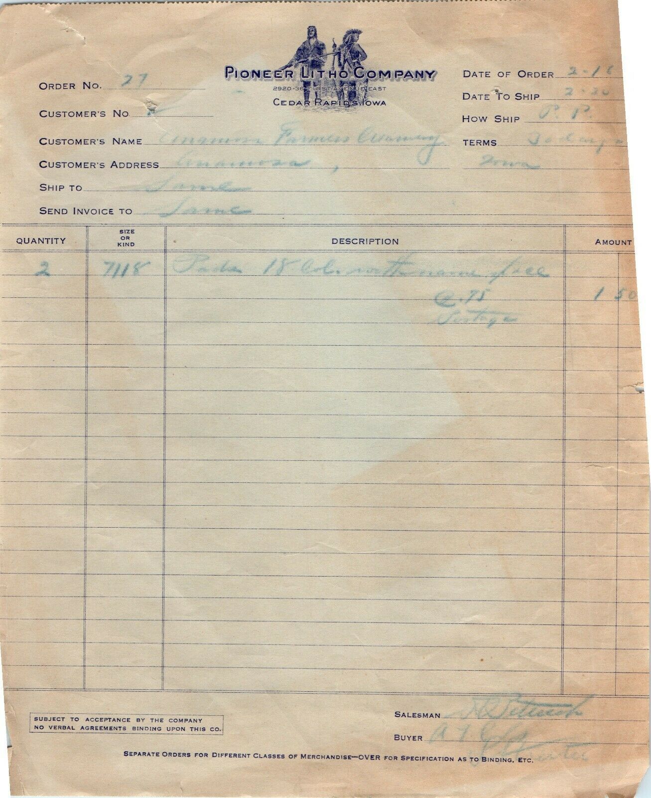 1920 Cedar Rapids, Iowa Pioneer Litho Letterhead Antique Invoice ...