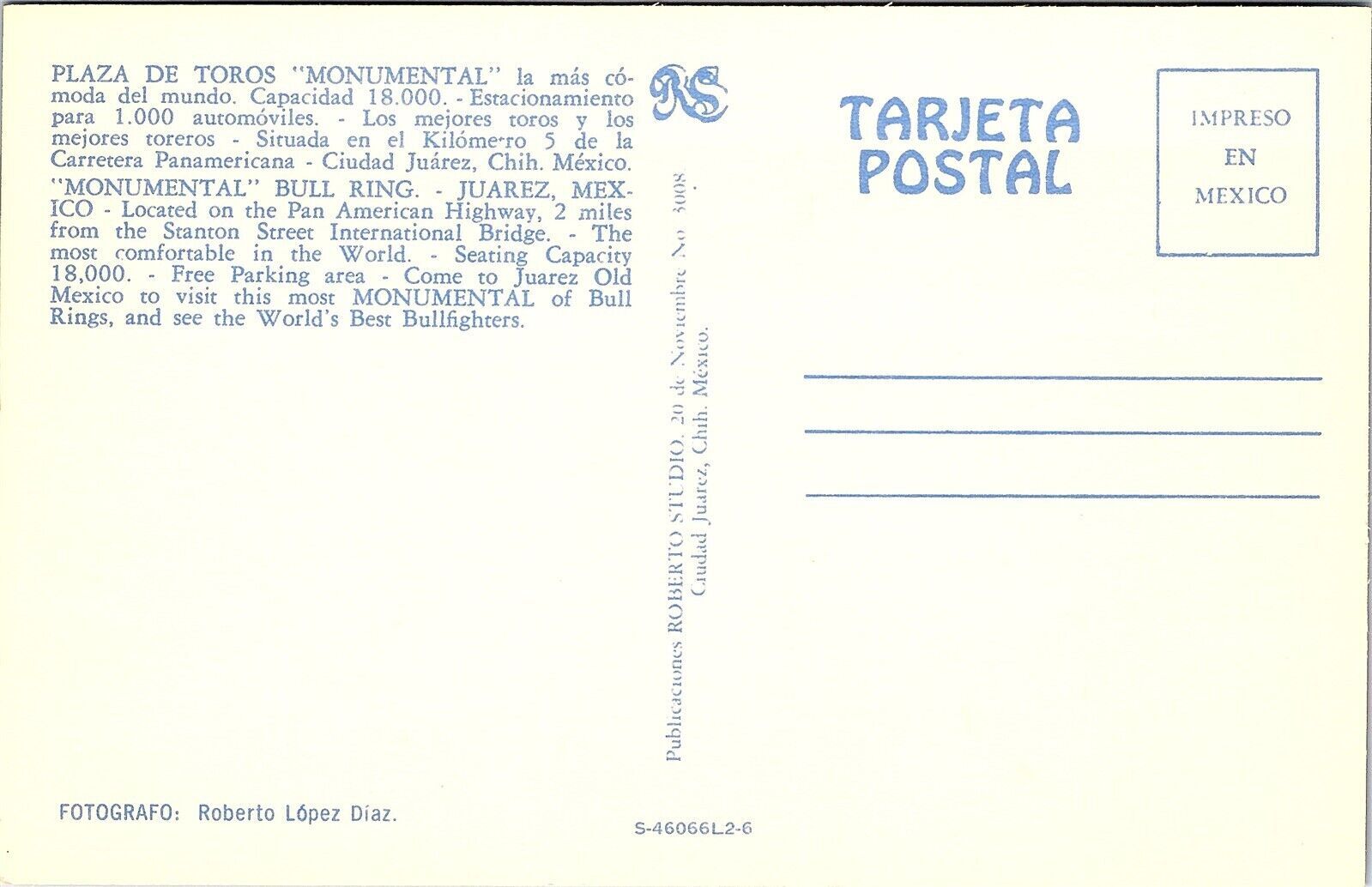 Postcard~Plaza Monumental~Bullring~Bullfighter~Juarez, Mexico~Vintage ...