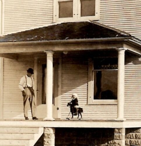 RPPC Early 1900s Farmhouse Father Child Toy Horse Young Boy on Side ...