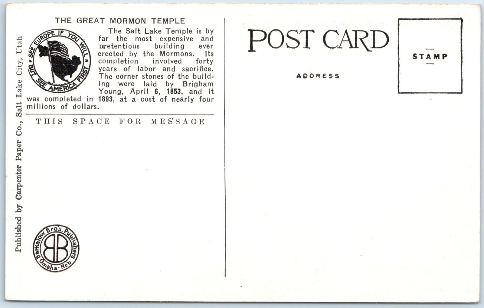 c1930s Salt Lake City, UT Great Mormon Temple Barkalow Bros Carpenter ...