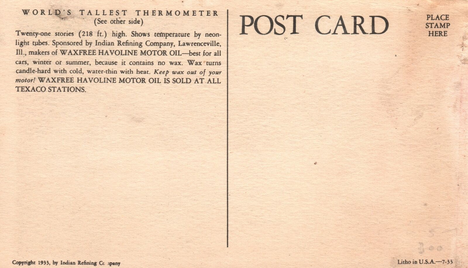 Vintage Postcard Havoline Thermometer Century Of Progress Chicago ...