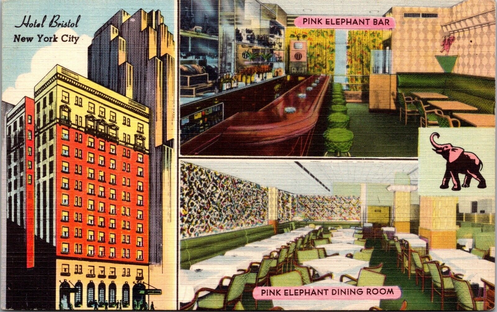 Linen Postcard Pink Elephant Bar & Restaurant Hotel Bristol New York ...