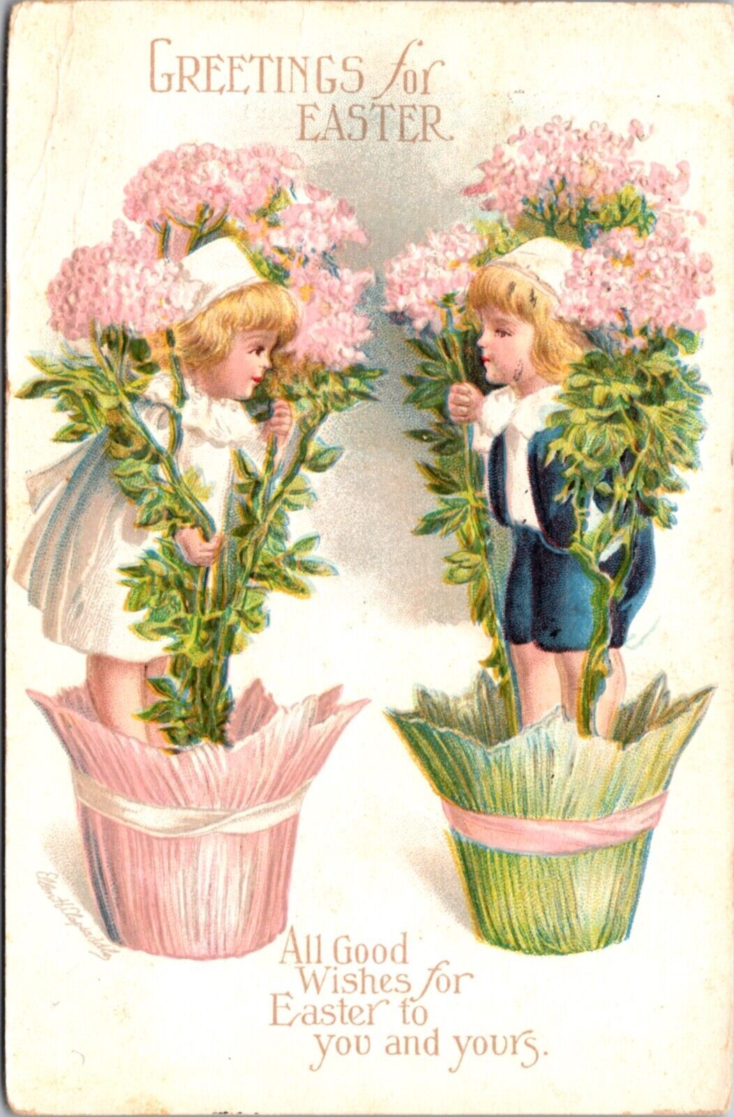 Clapsaddle Easter Postcard Boy and Girl Standing in Giant Potted Flower ...