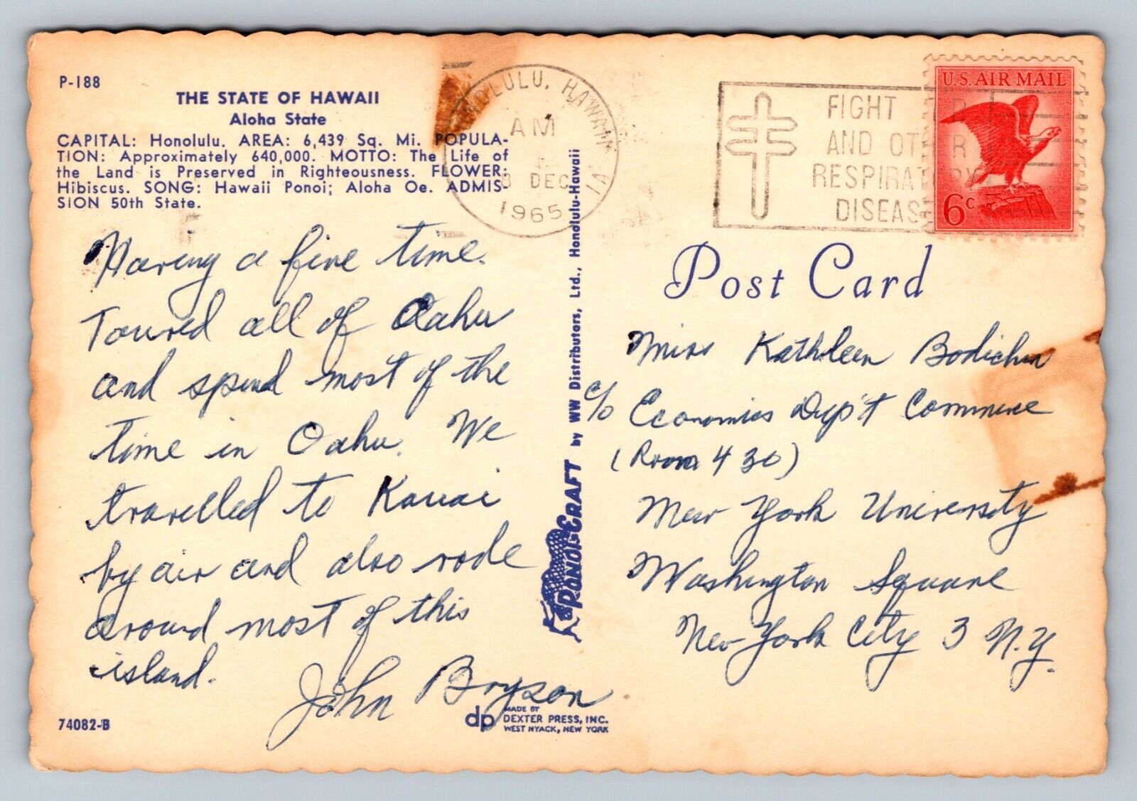 The State Map Of Hawaii Aloha Vintage Posted Honolulu 1965 Postcard ...