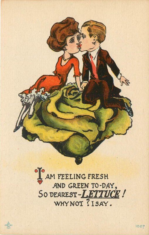 SAS 1007 Postcard Man Courts Woman Vegetable Rebus Pun Lettuce Kiss ...