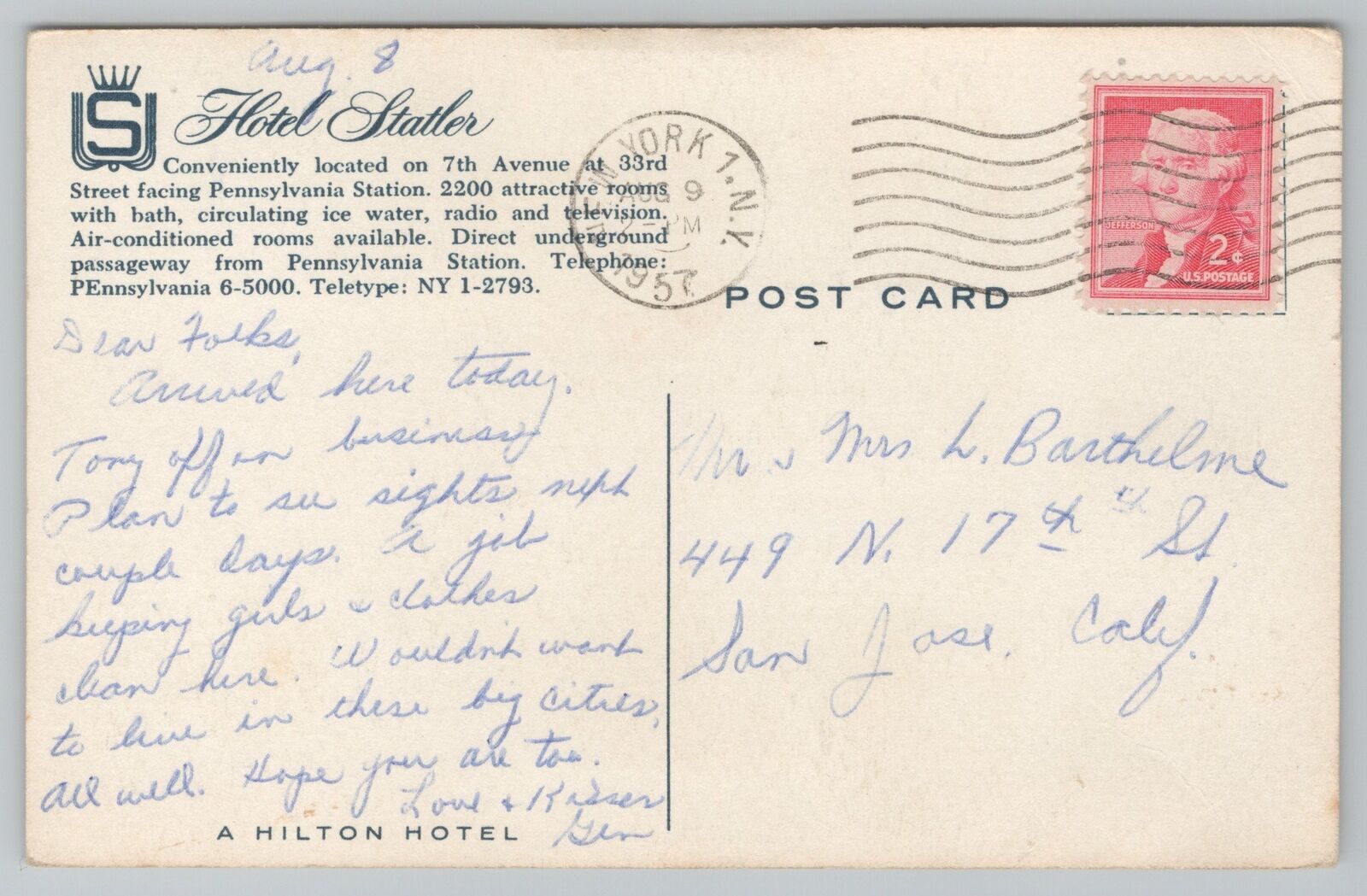 New York City~Hotel Statler Vignette~7th Ave @ 33rd Street~1957 Vintage ...