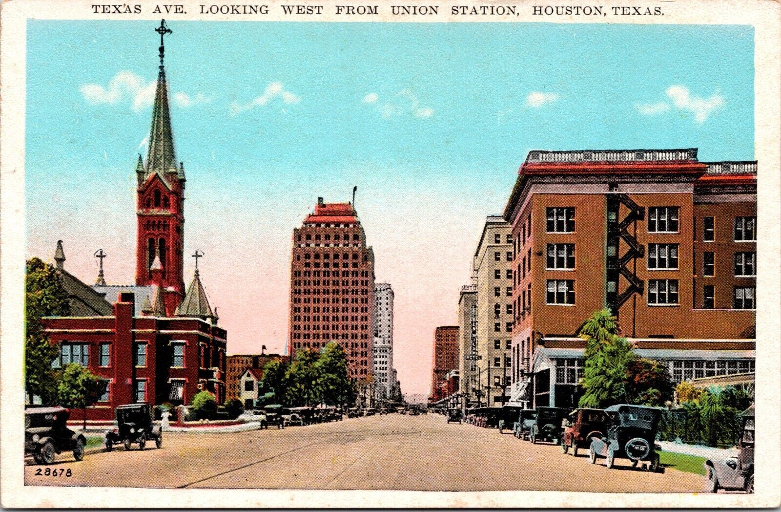 Texas Ave Houston TX West From Union Station Church c1920s Autos WB ...