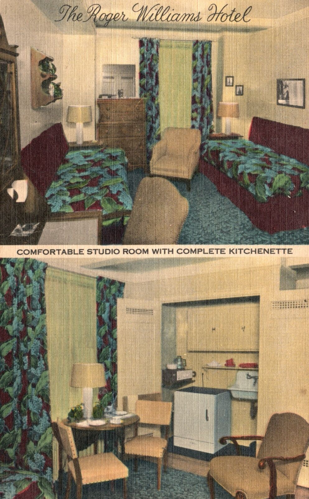 Vintage Postcard 1930s The Roger Williams Hotel Studio Room Kitchenette ...