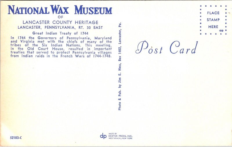 Great Indian Treaty of 1744 National Wax Museum Lancaster PA Postcard ...