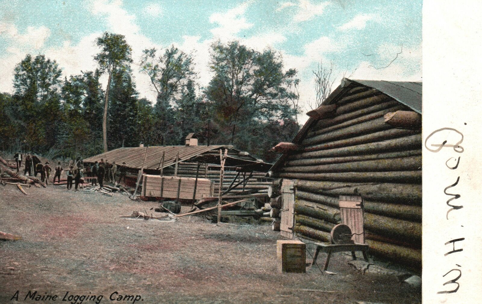 Vintage Postcard 1905 A Logging Camp Hunting Camp Log Cabins Maine ME ...