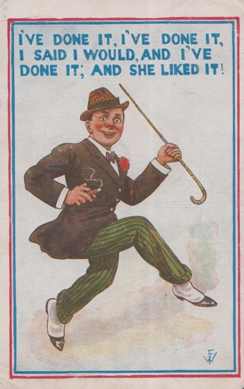 Man Has Done Made It With Lady Walking Stick Old Comic Humour Postcard ...