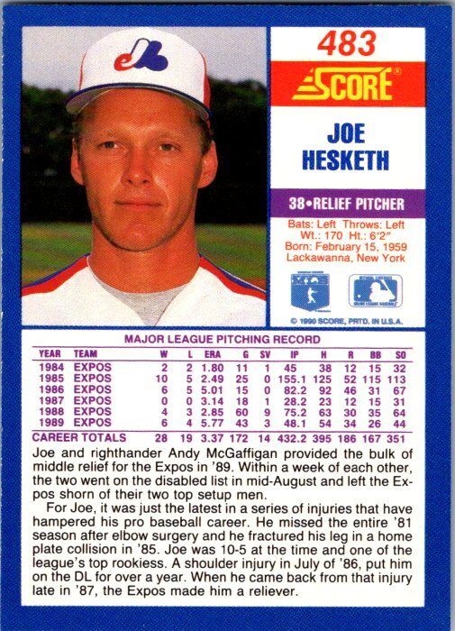 1990 Score Baseball Card Joe Hesketh Montreal Expos sk2649 | Topics ...