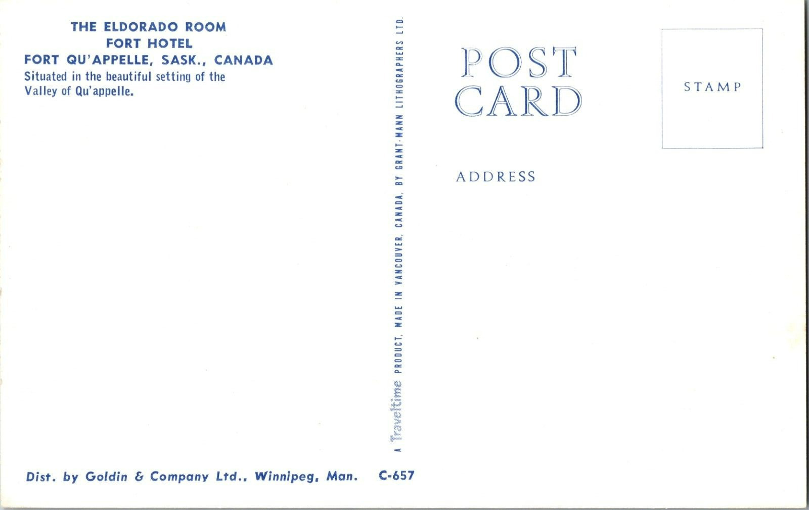 1960s Vintage Postcard The Eldorado Room Fort Hotel Fort Qu'Appelle ...