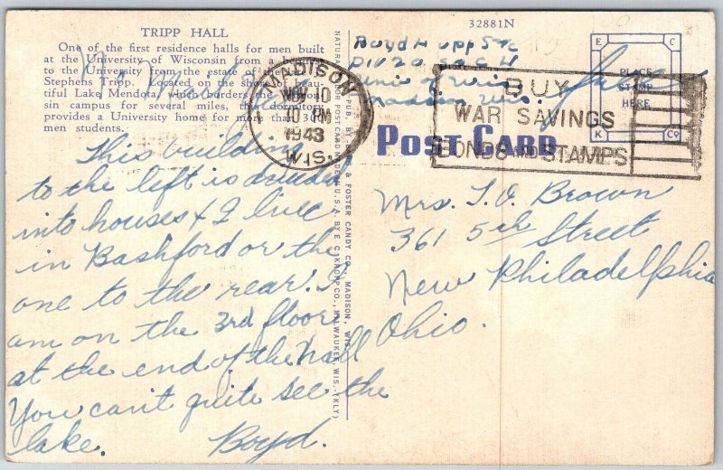 Madison Wisconsin 1943 Soldiers Postcard University Of Wisconsin Tripp ...