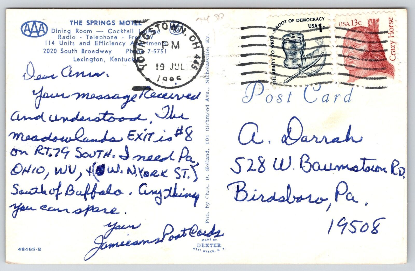 Vintage Postcard 1985 The Springs Motel Dining Room Cocktail Lounge ...