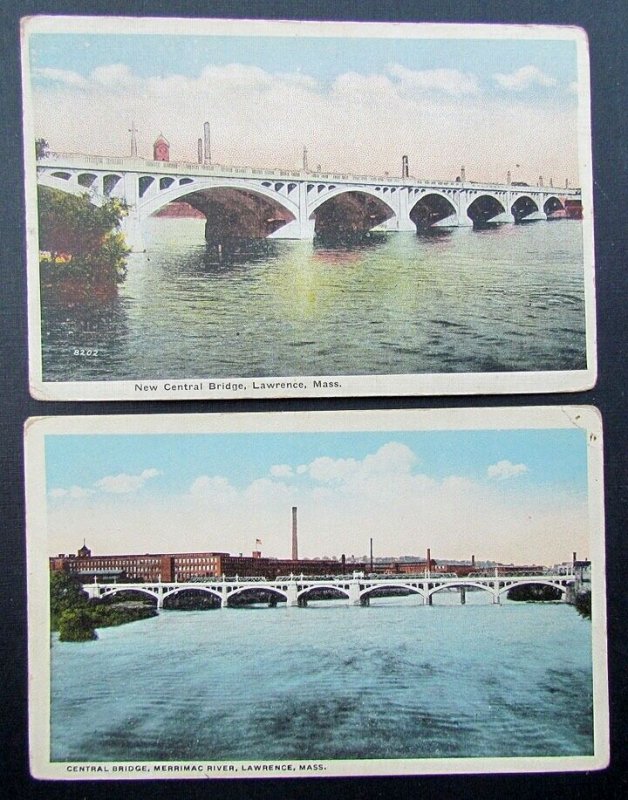2 VINTAGE POSTCARDS CENTRAL BRIDGE LAWRENCE MASSACHUSETTS railroad ...
