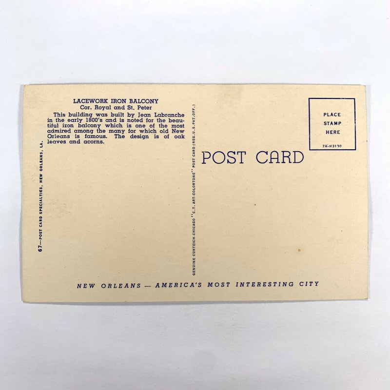 Postcard Louisiana New Orleans LA Lace Balcony Iron Work 1940s Linen ...