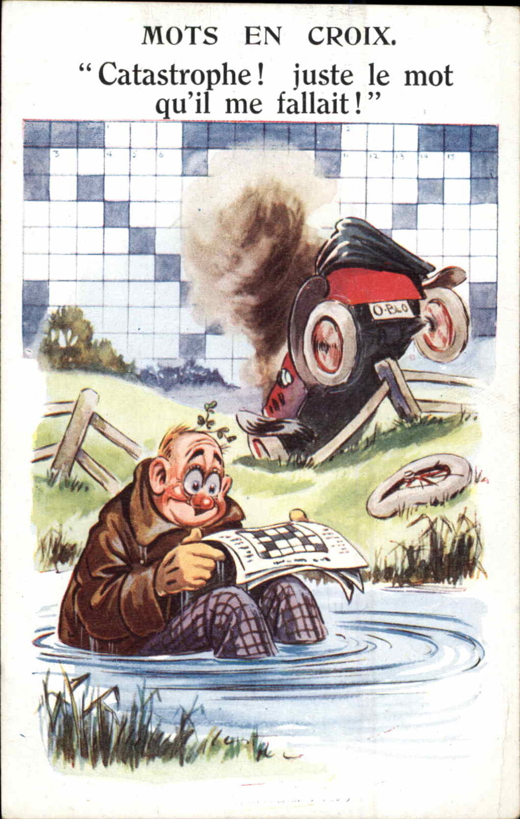 Man Driving Car Distracted by Crossword Puzzle Crashes c1920s Postcard ...