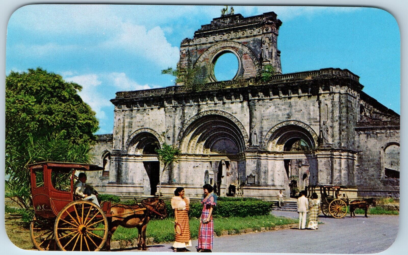 c1960s Manila, Philippines Ancient Stone Cathedral Ruins Horse Carriage ...