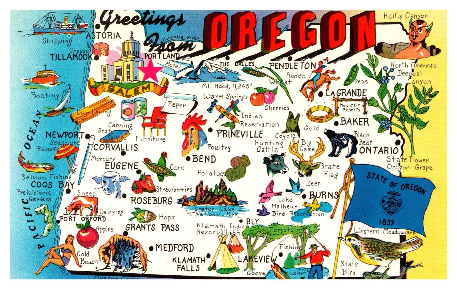 Postcard OR Map -Greetings from Oregon - map tourist attractions state ...