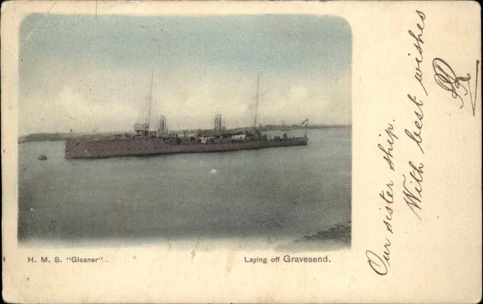Antique Postcard GRAVESEND KENT HMS Gleaner MILITARY SHIP CRUISER SHIP ...
