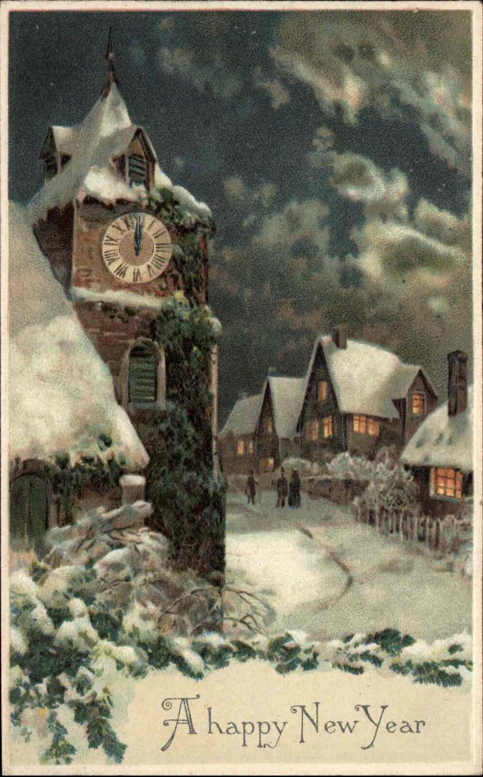 New Year Beautiful Winter Scene Clock Tower c1910 Vintage Postcard ...