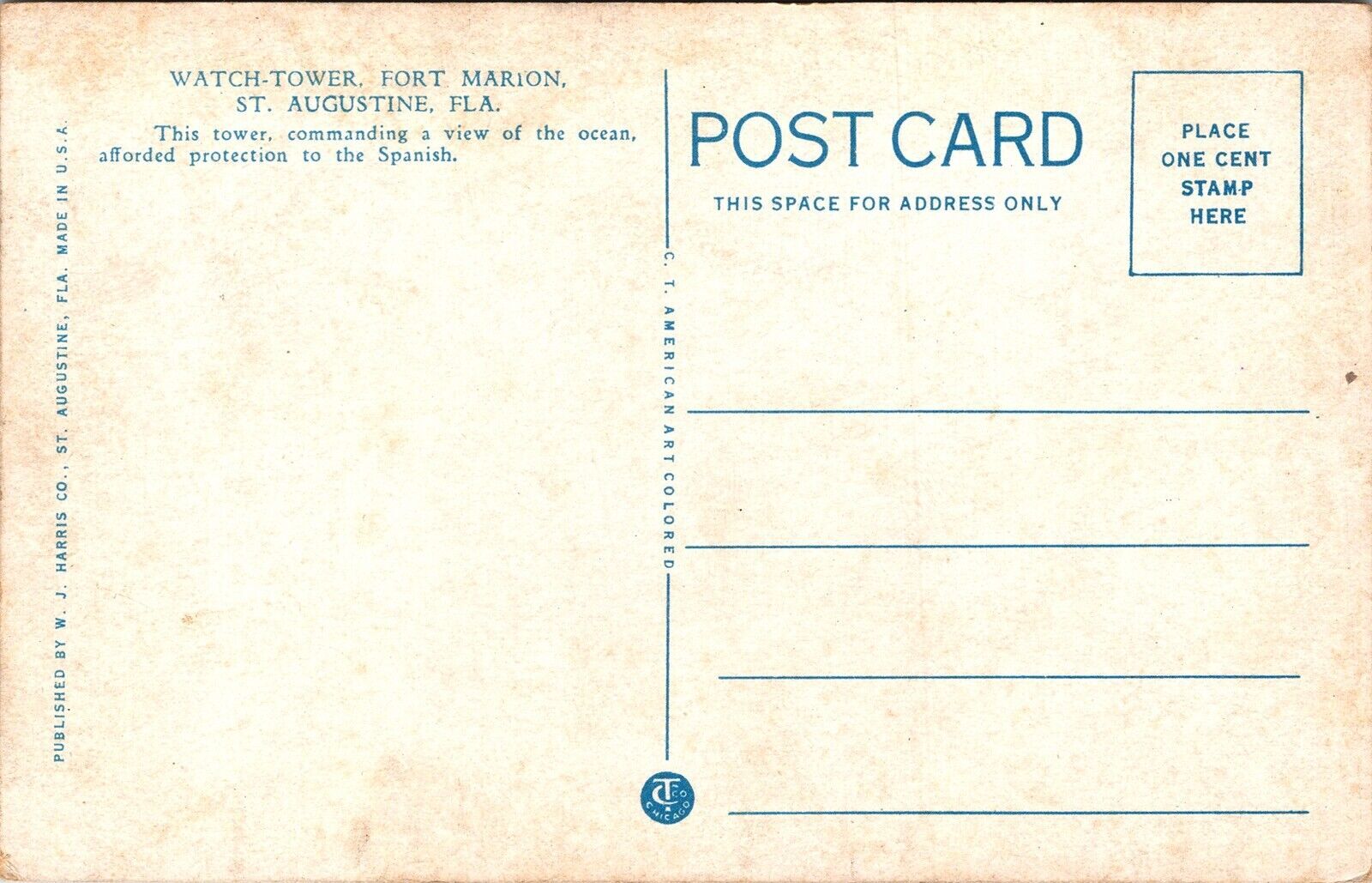 Historic Watch Tower Fort Marion St Augustine Florida Ocean WB Postcard ...