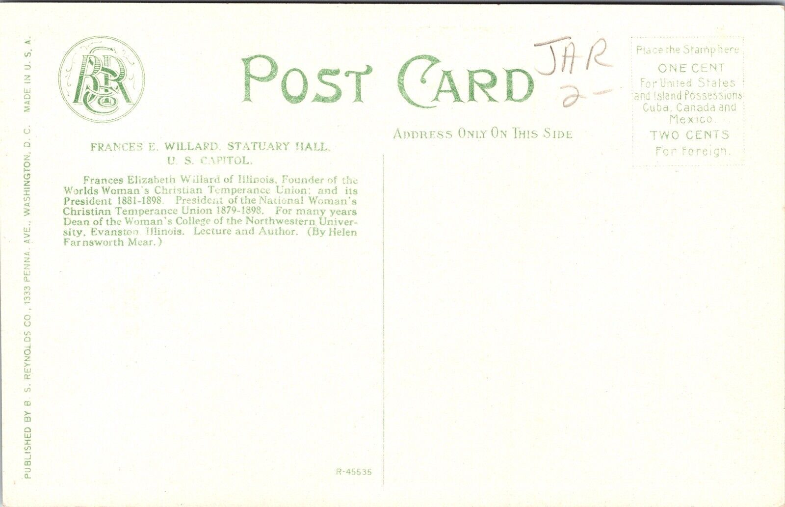 Historic Frances E Willard Memorial Statue Statuary Hall US Capitol DB ...