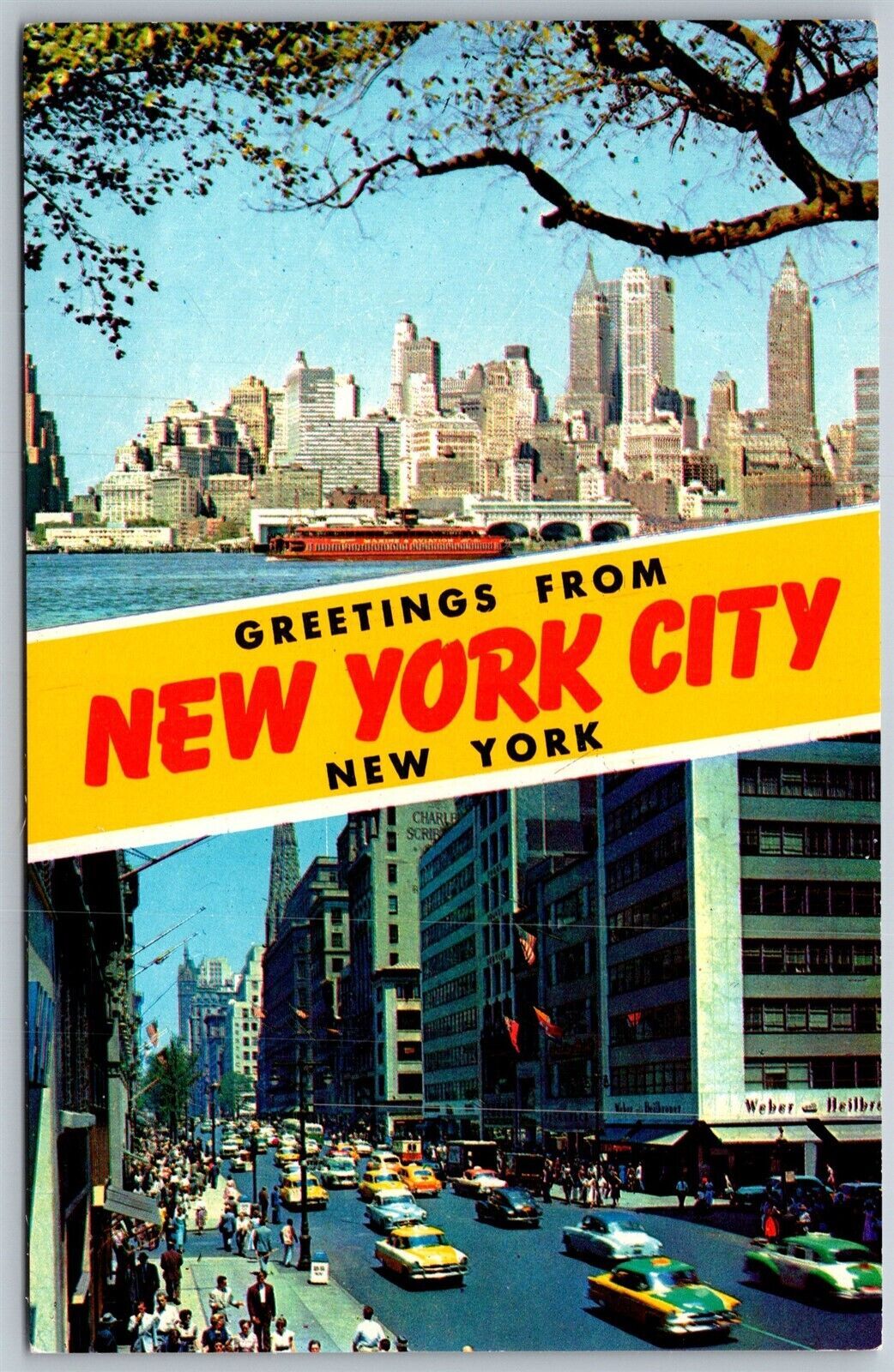 Vtg New York City NY Dualview Banner Greeting Skyline Street View 1950s ...