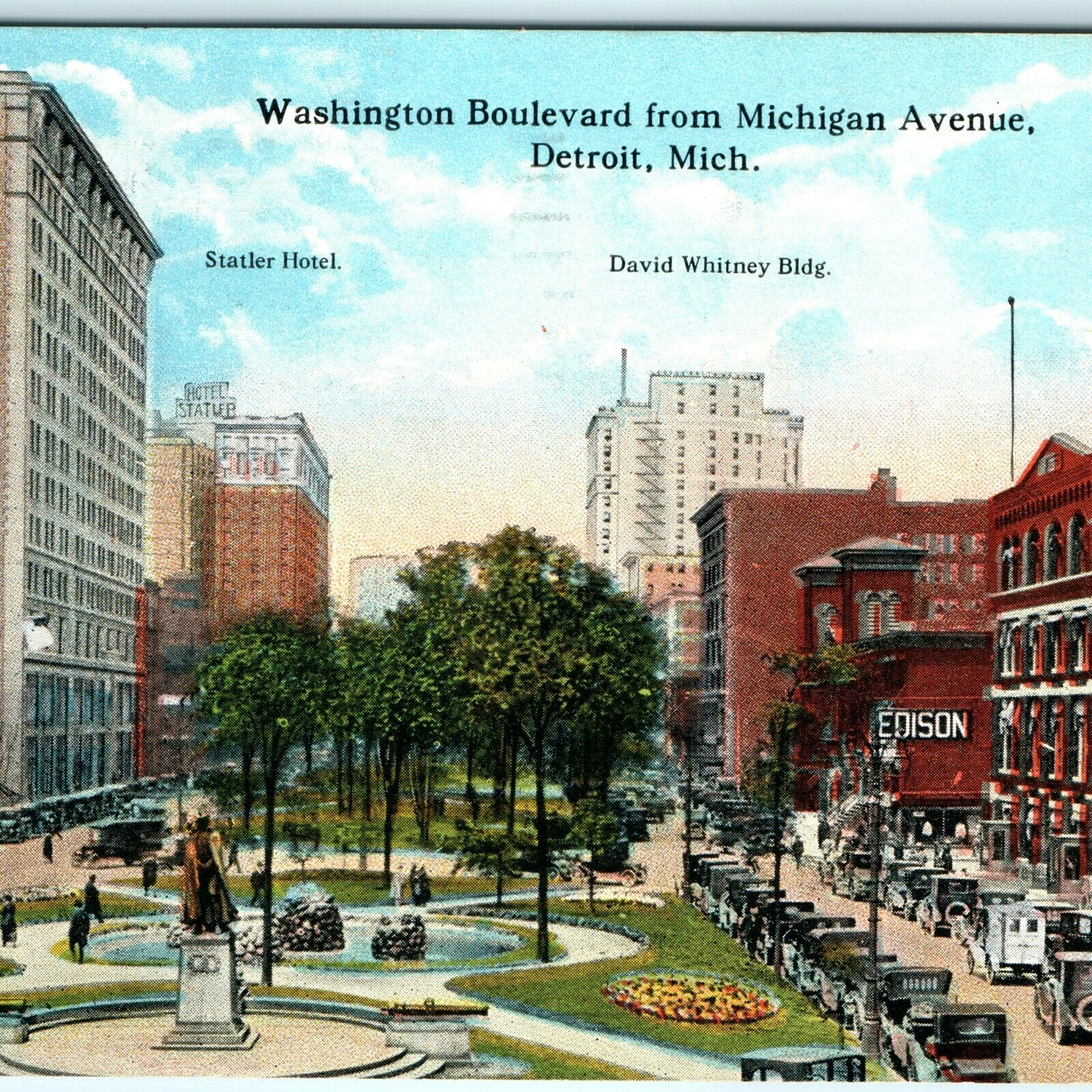 1922 Detroit, Mich. Washington Blvd Downtown Postcard Main Street Ford ...