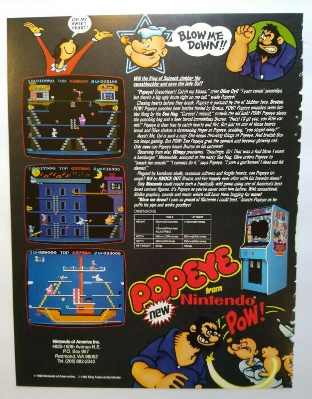 Popeye Arcade FLYER Original Video Game Artwork Sheet Retro 1982 Comic ...