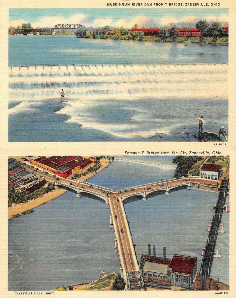 2~Postcards ZANESVILLE Ohio OH MUSKINGUM RIVER DAM~Fishing & Y BRIDGE ...