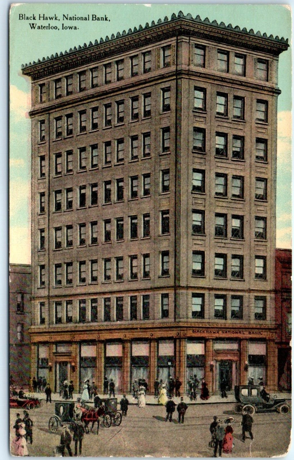 c1910s Waterloo, IA Black Hawk National Bank Litho Photo Postcard Cars ...