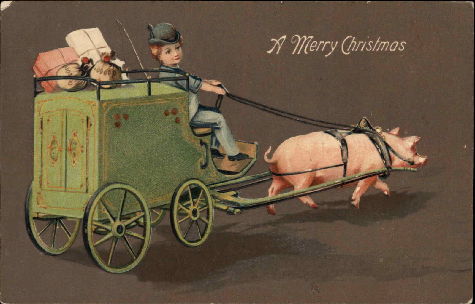 Christmas Pig Pulls Boy in Wagon Money Bags Fantasy c1910 Vintage ...