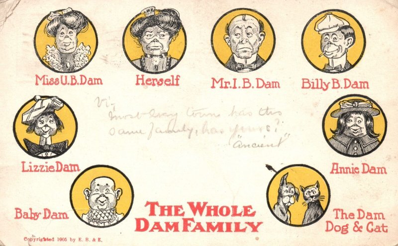 Vintage Postcard 1905 The Whole Family Dam Names Miss U. B. Dam Herself ...