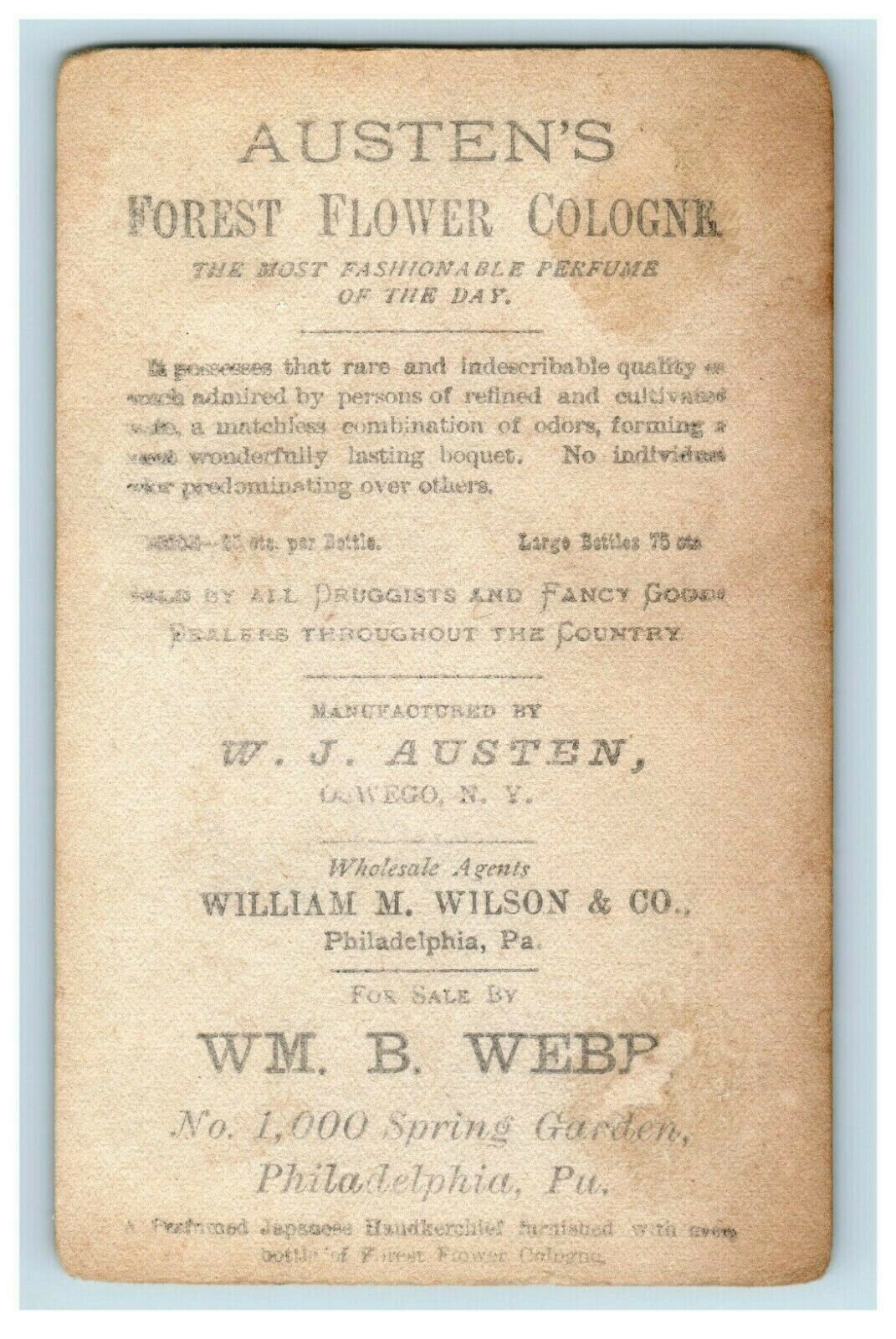 1870's Austens Forest Flower Cologne Wm. B. Webb Girl Daisy Hat P165 ...