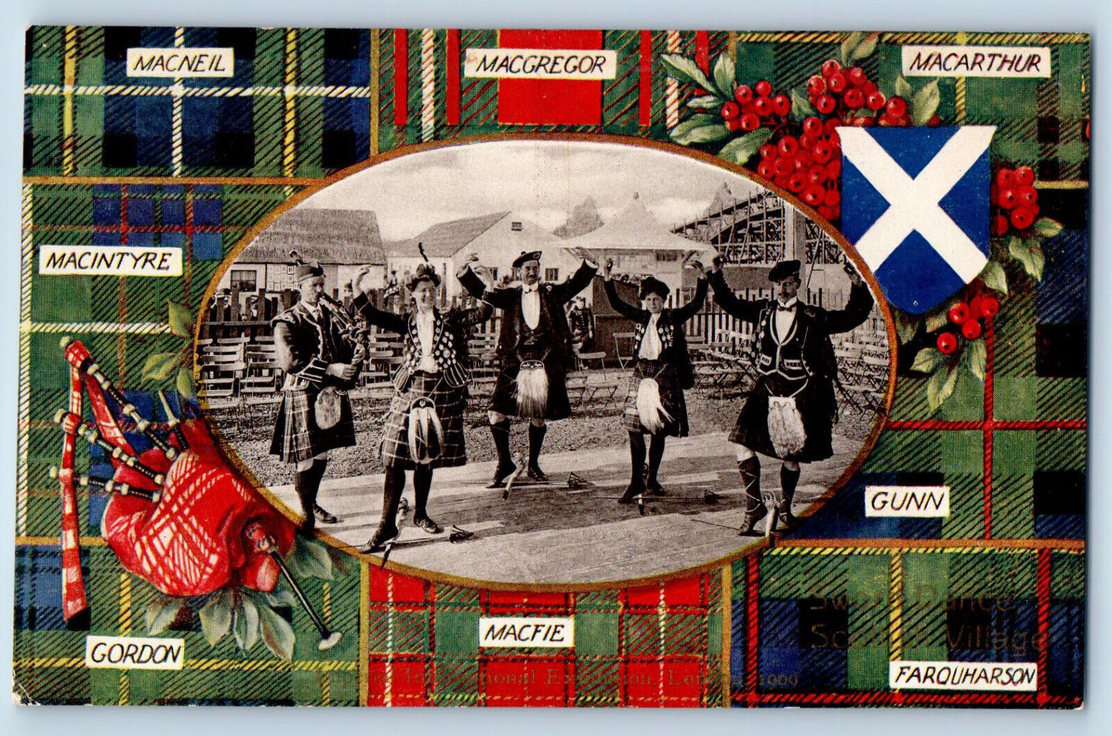 Scotland Postcard Scottish Flag Bag Pipe Listed Names c1910 Plaid ...