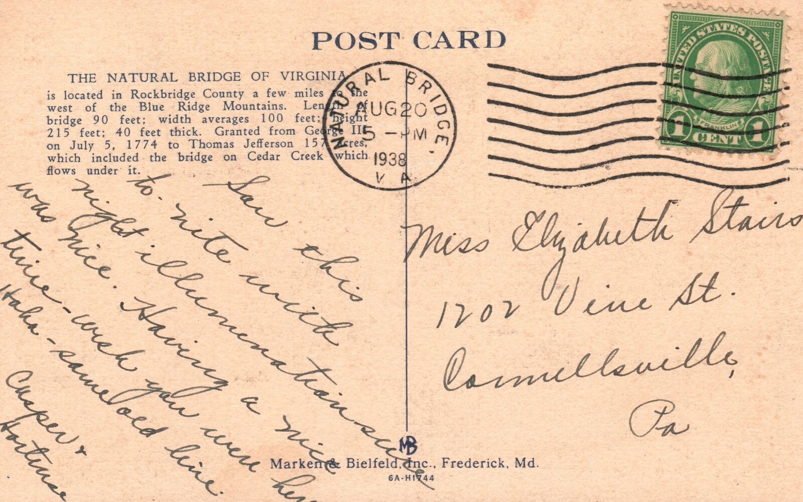 Vintage Postcard 1938 The Natural Bridge Of Virginia In Rockbridge ...