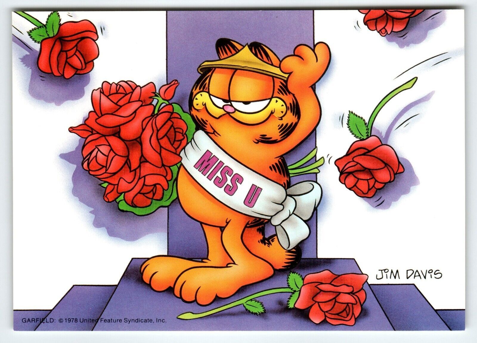 Garfield Miss U Red Roses Postcard Signed Jim Davis Comic Tabby Cat ...