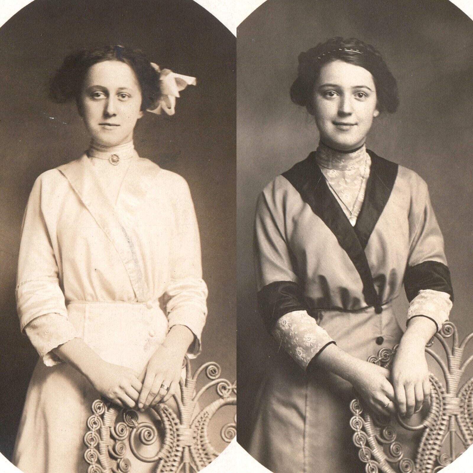 ID'd x2 LOT c1910s Sisters Emma, Helen King Portrait Girl RPPC Wicker ...