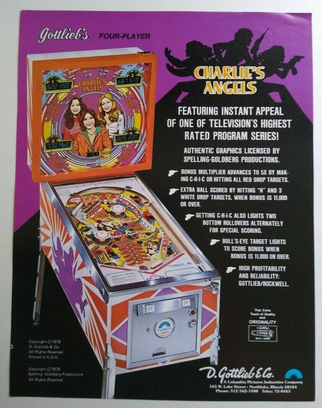 Charlies Angels Pinball FLYER Original Art Jaclyn Smith Cheryl Ladd ...