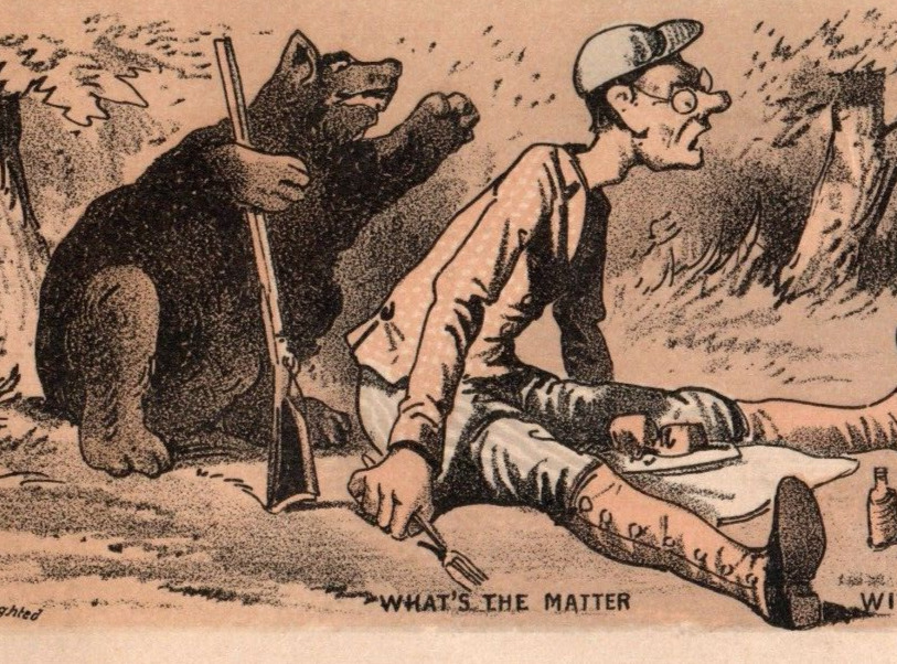 1870s-80s S.B. Clark's Crackers Bakery Comical Hunter Rifle Dog & Bear ...