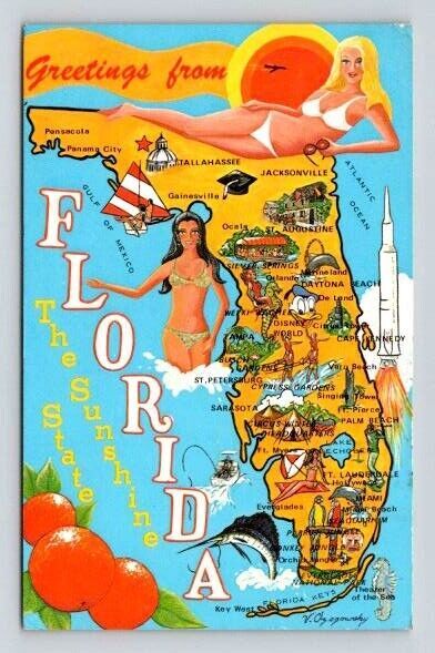 Florida Pinup Map - Sunshine State Postcard 1975 | United States ...
