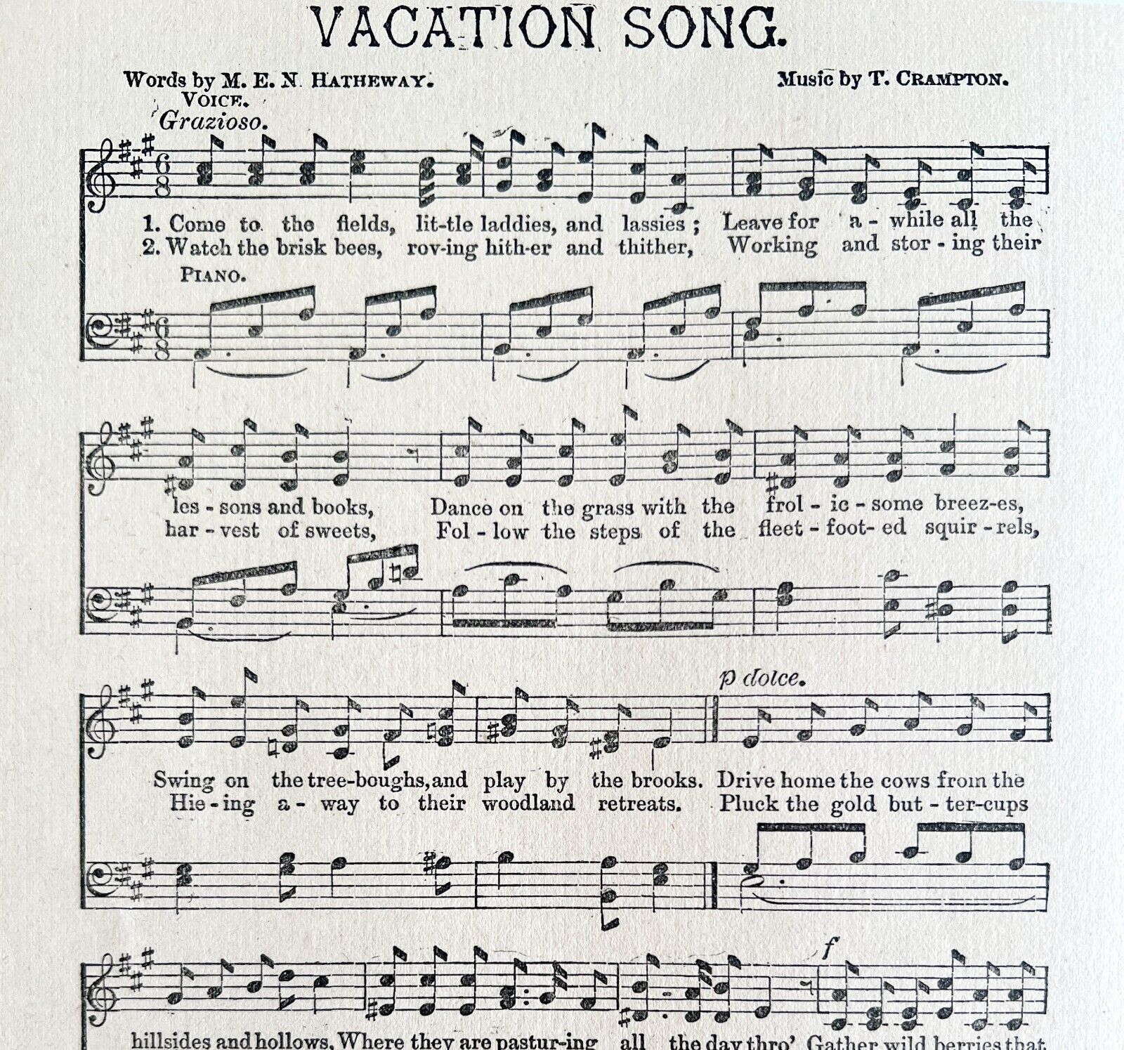 Vacation Song Sheet Music 1892 Victorian Voice And Piano Ephemera ...